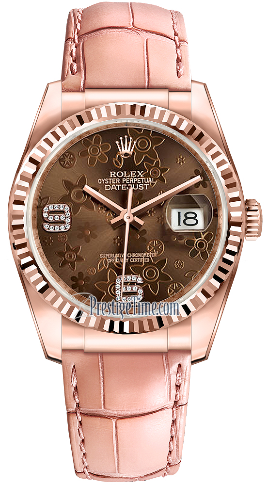 116135 Chocolate Floral Rolex Datejust 36mm Everose Gold Midsize Watch