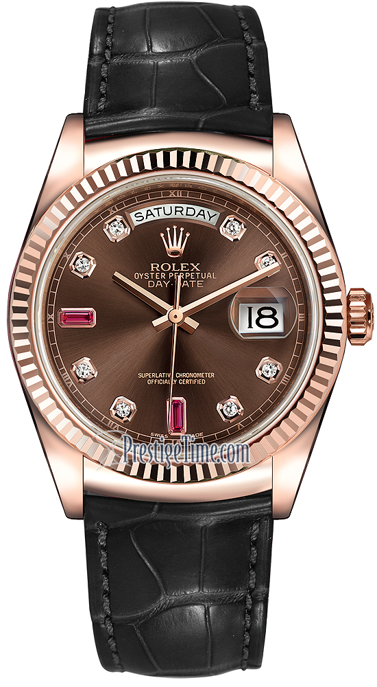 118135 Chocolate Diamond Ruby Leather Rolex Day-Date 36mm Everose Gold ...