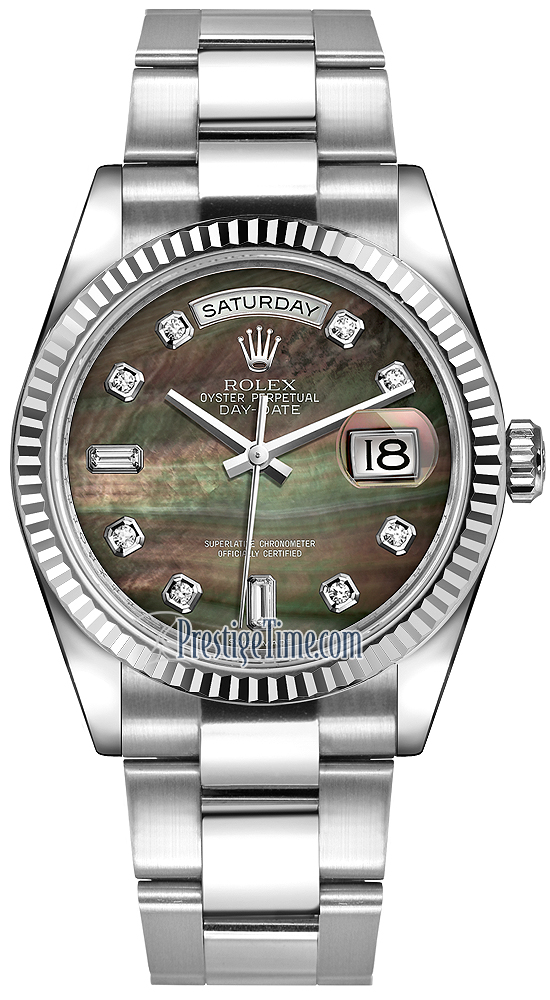 118239 Black MOP Diamond Oyster Rolex Day-Date 36mm White Gold Fluted ...