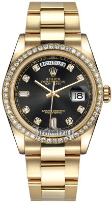 118348 Black Diamond Oyster Rolex Day-Date 36mm Yellow Gold Domed Bezel ...