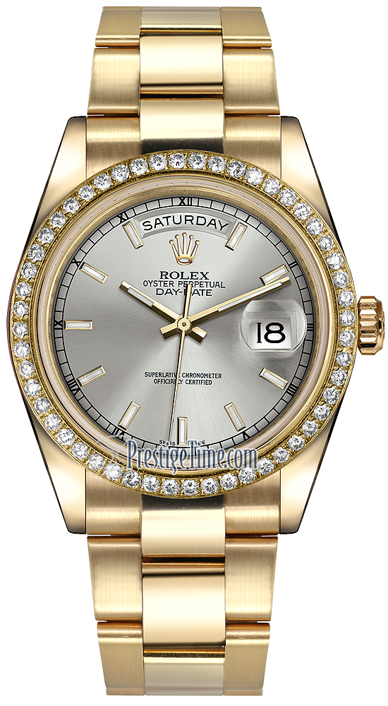 118348 Silver Index Oyster Rolex Day-Date 36mm Yellow Gold Domed Bezel ...