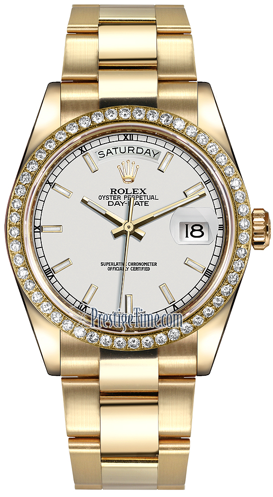 118348 White Index Oyster Rolex Day-Date 36mm Yellow Gold Domed Bezel ...