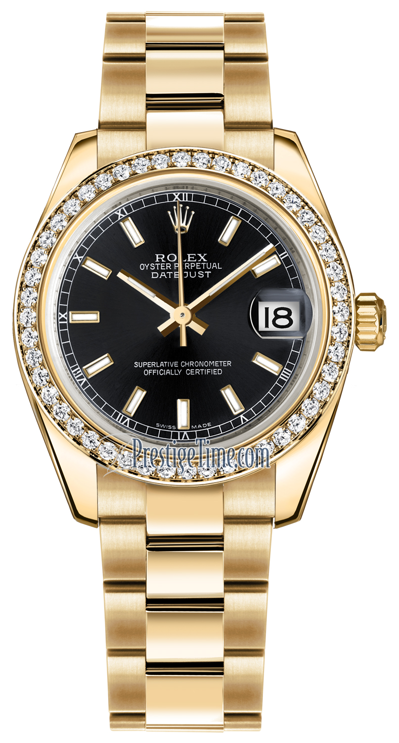 178288 Black Index Oyster Rolex Datejust 31mm Yellow Gold Ladies Watch